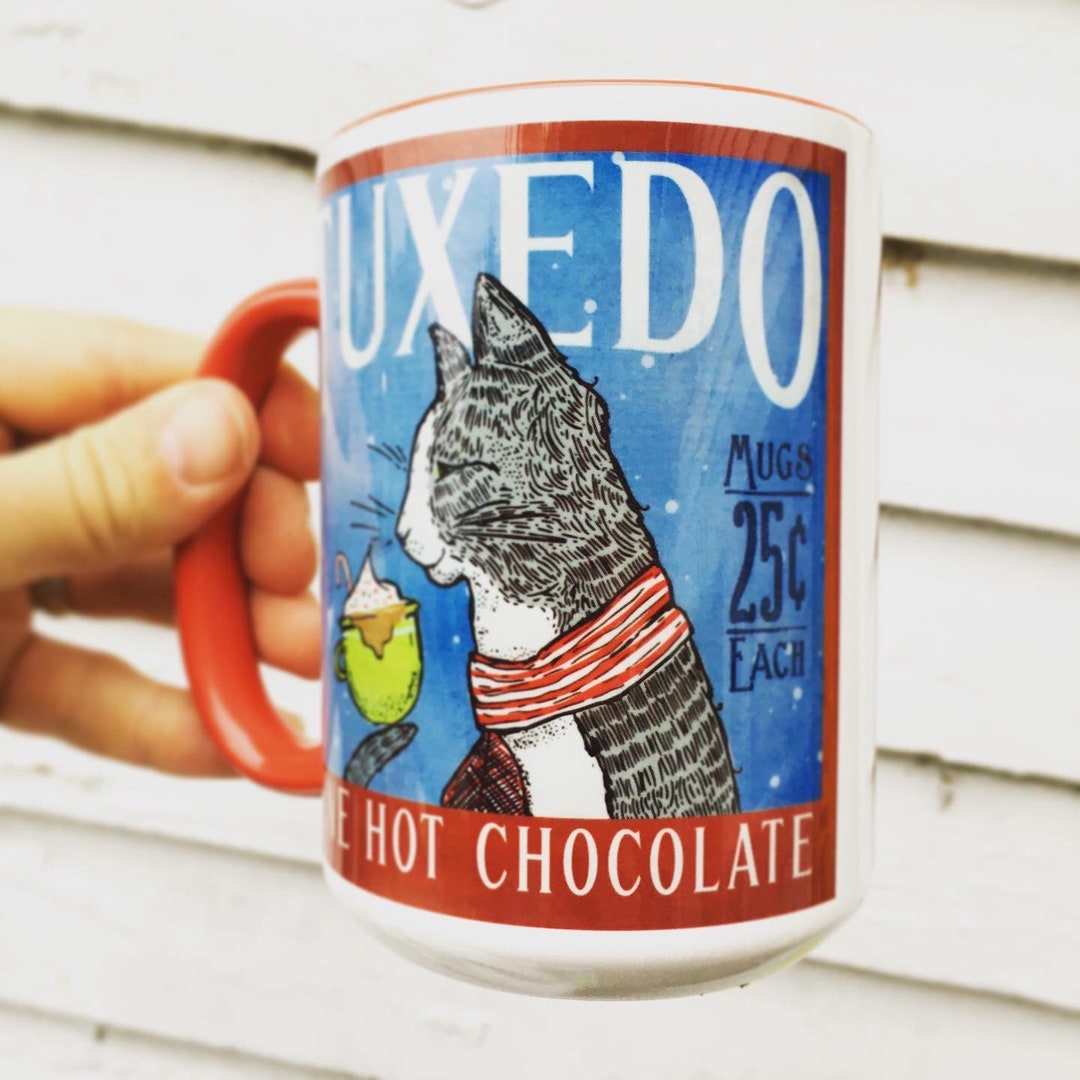 Tuxedo Hot Cocoa, Chocolate, Cat Mug, Kit Kat, Kitty, Tuxedo Cat,, MUG ...