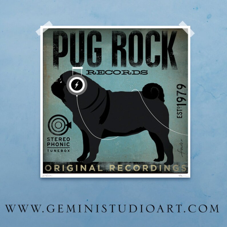 PUG Rock Records Dog Illustration Graphic Artwork Giclee Signed Artist ...