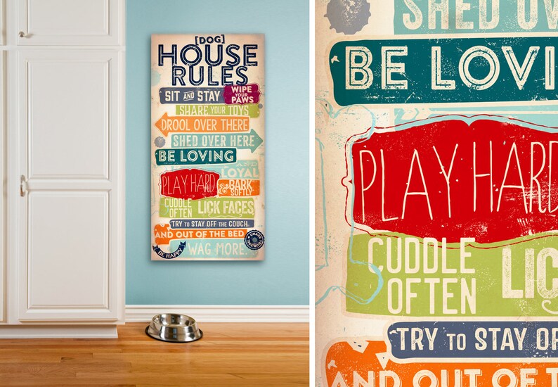 Dog House Rules family rules pet typography artwork on canvas | Etsy