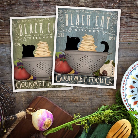 Black Cat Kitchen Artwork Chef Cooking Dog Illustration in | Etsy