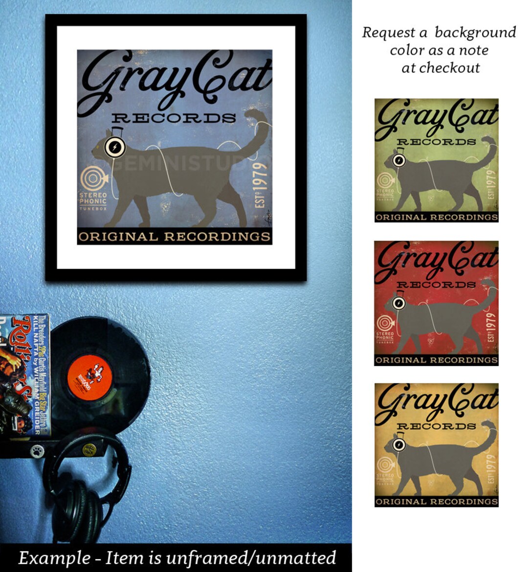 Gray Cat Records Art Print: Signed Giclee Illustration - Etsy