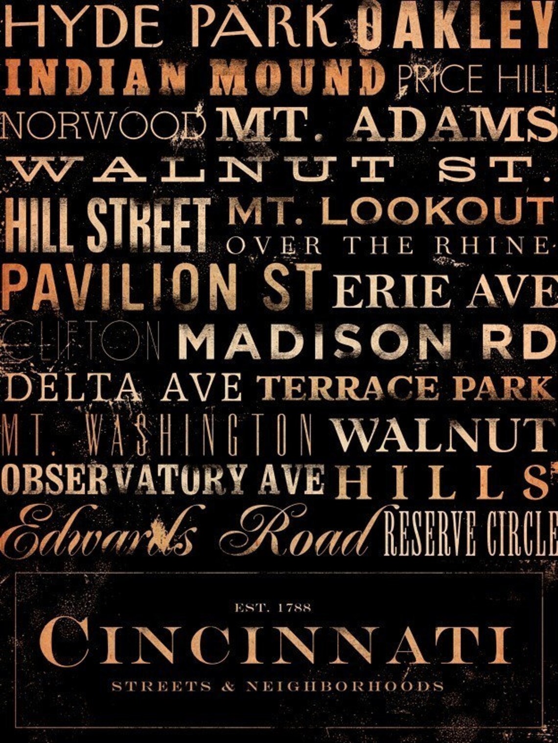 Cincinnati Streets Typography Graphic Word Art on Gallery - Etsy