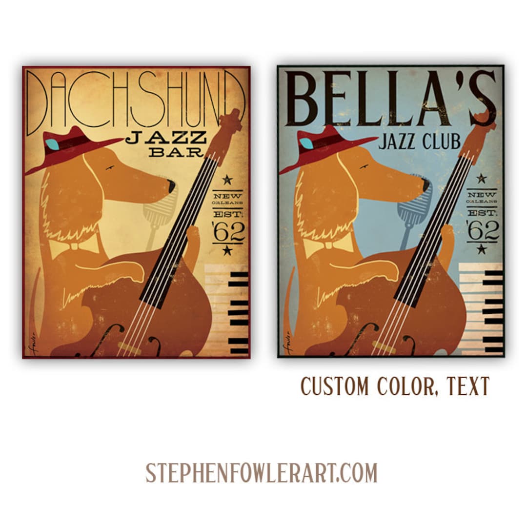 Longhaired Dachshund Jazz Bar Original Graphic Illustration on Gallery ...