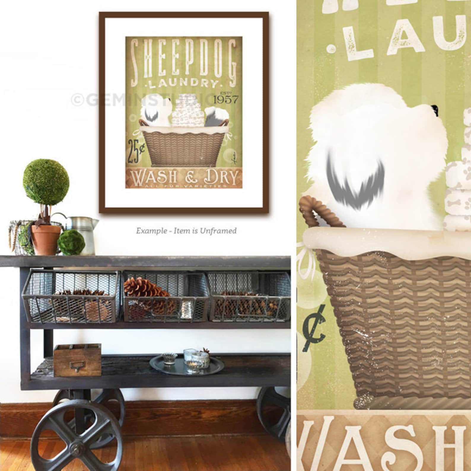 Old English Sheepdog Laundry Basket Company Laundry Room Artwork Signed ...