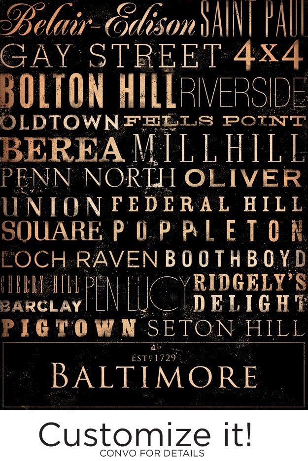Baltimore Maryland Neighborhoods Typography Graphic Art on | Etsy