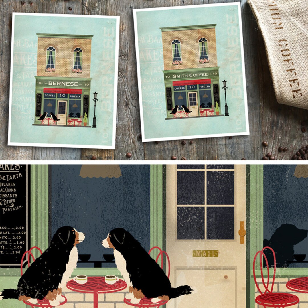 Bernese Mountain Dog Berner Dog Coffee Shop Storefront Graphic Art ...