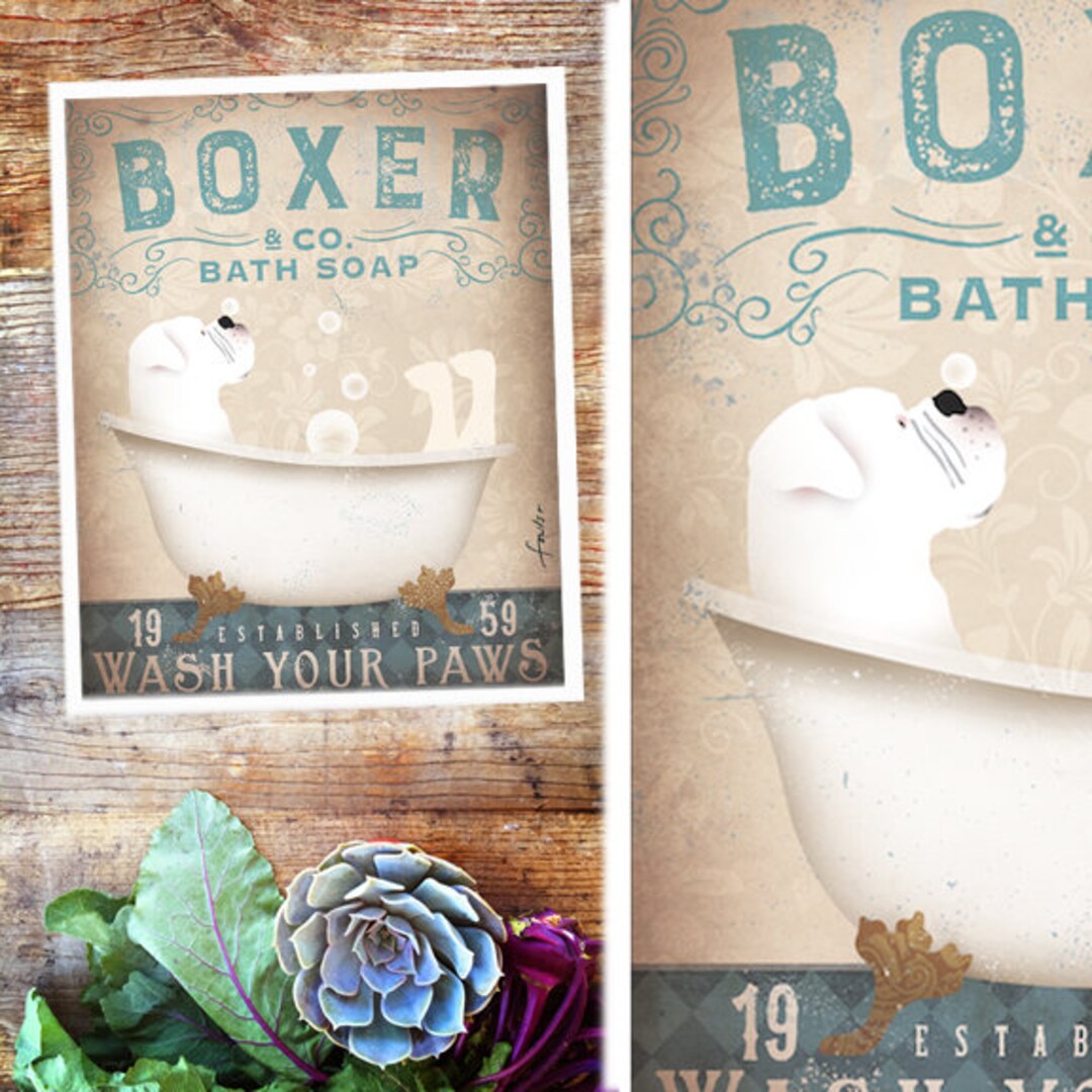 White Boxer Dog Bath Soap Company Vintage Style Artwork by Stephen ...