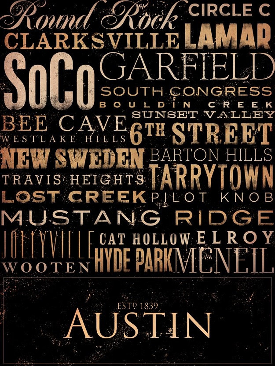 Austin Texas Neighborhoods Typography Graphic Art on Canvas 18 X 24 by ...