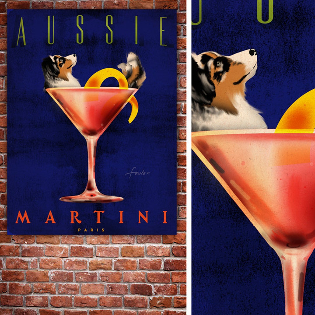 Australian Shepherd, Dog, Aussie, Bar Art, Martini, Gin, Vodka, CANVAS ...
