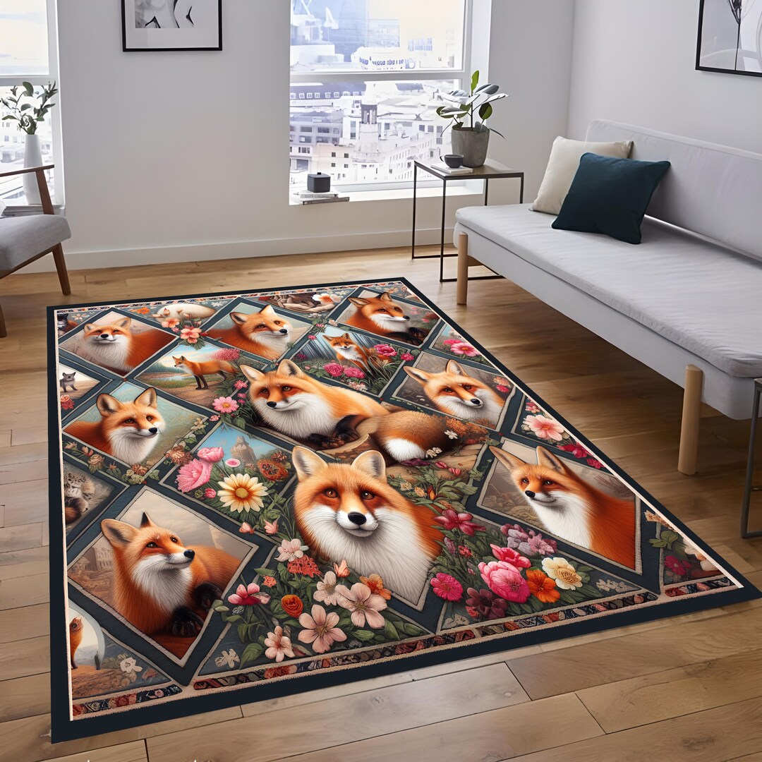 Eclectic Fox Area Rug, Ethereal Fox Rug Botanical, Nordic Style Rustic ...