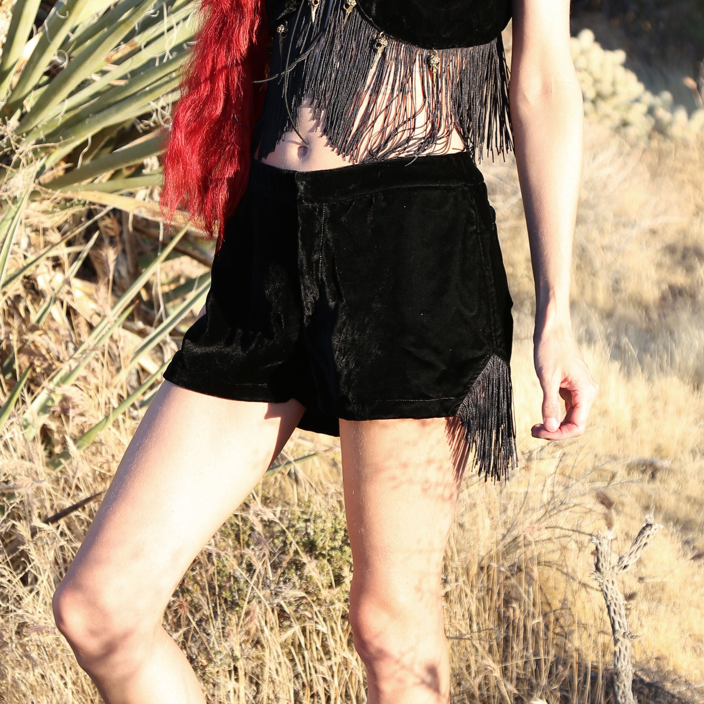 Black Silk Velvet Goth Rocker Shorts With Fringe and Pockets - Etsy