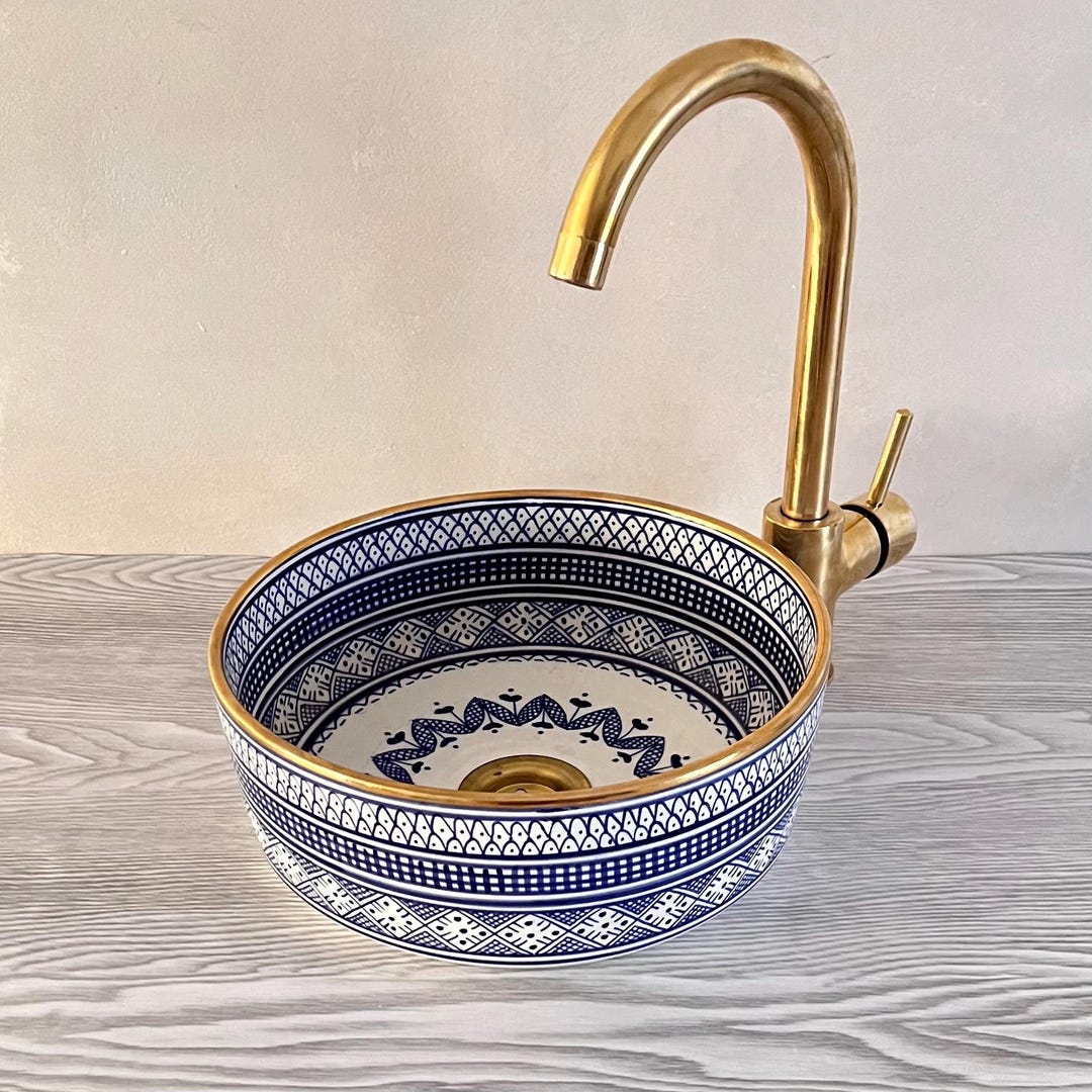 Ceramic Sink Bathroom Basin Handmade From Moroccan Pottery With Copper ...