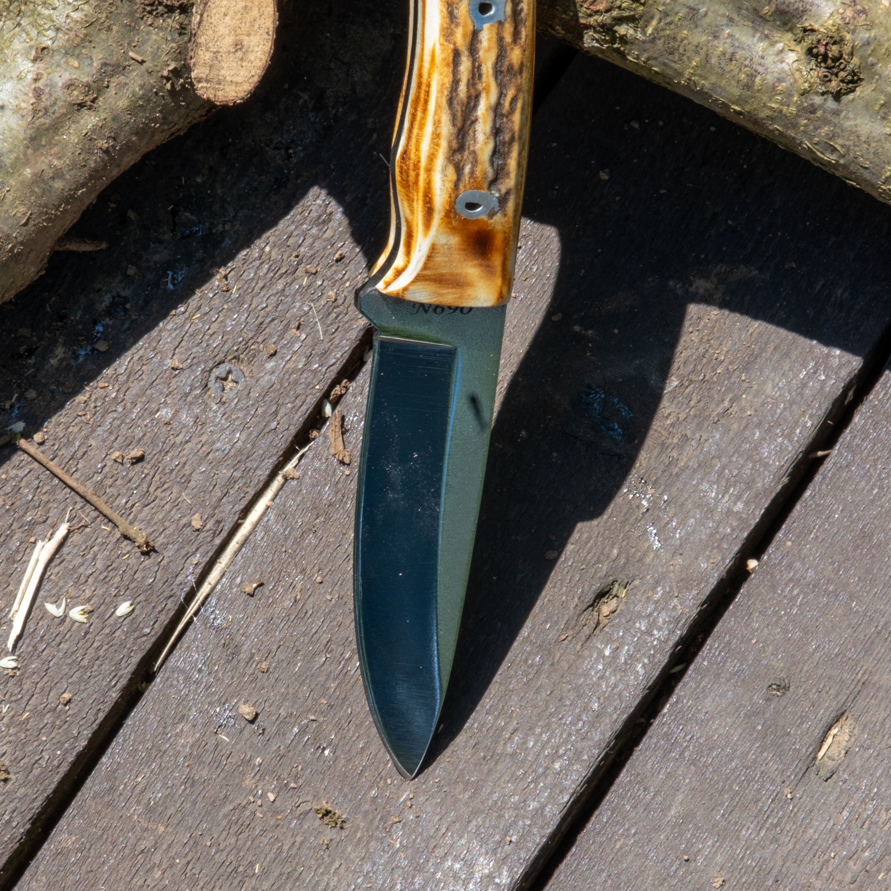 Bush-craft Hunting Knife, Leather Sheath, Deer Antler Handle, Camping ...