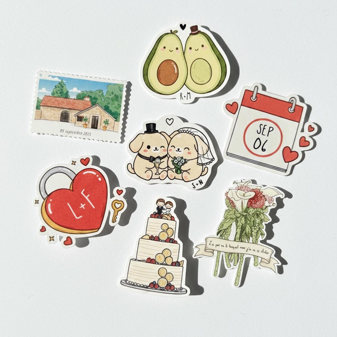 Custom Kawaii Drawing Stickers With Text, Personalized Wedding Stickers ...