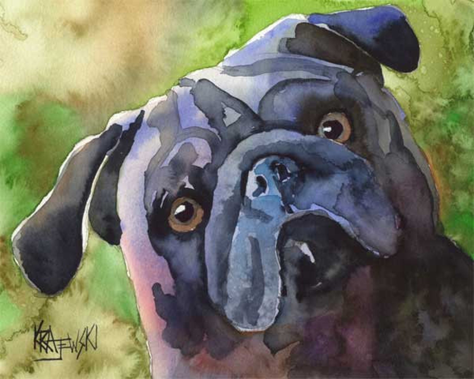 Black Pug Art Print of Original Watercolor Painting Black Pug | Etsy