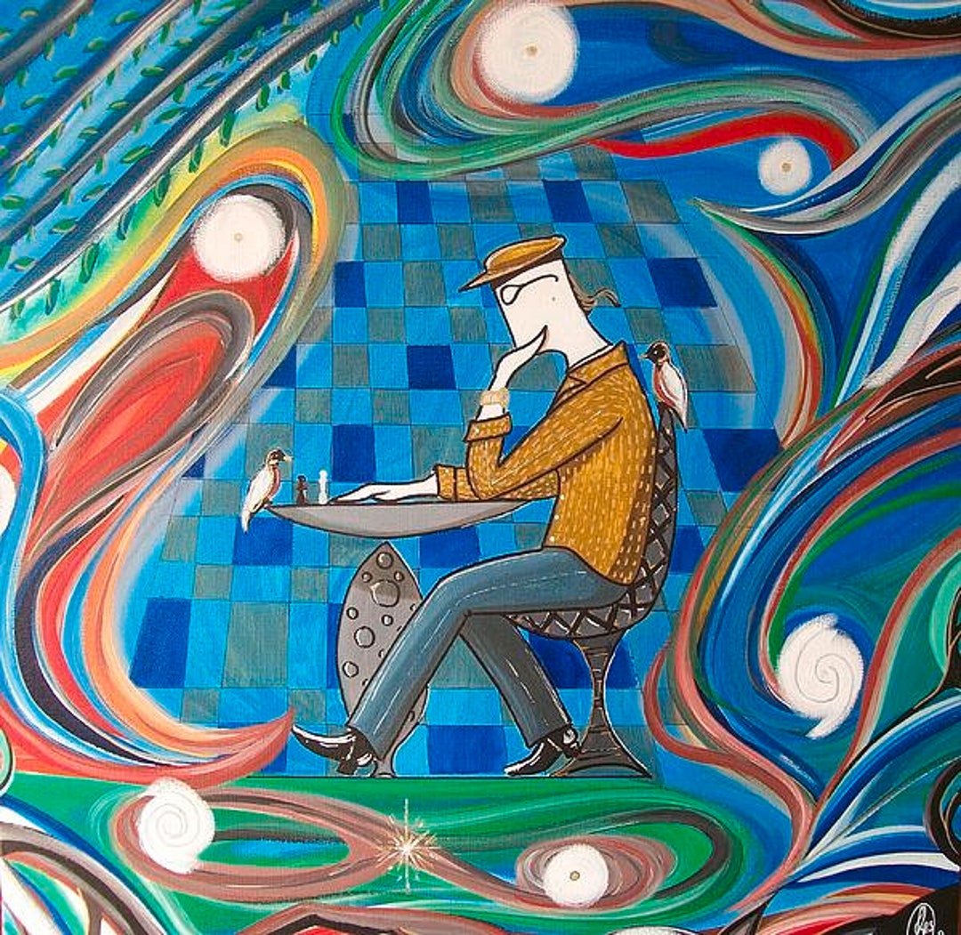 Man Sitting in Chair Contemplating Chess With a Bird Original 20x20 ...