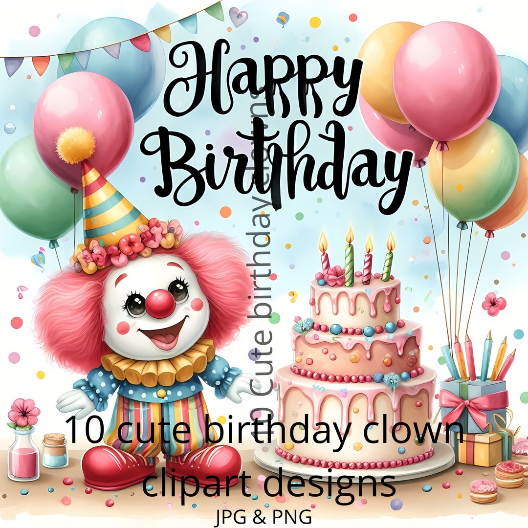 10 Cute Birthday Clown Clipart Designs, Clipart Bundle, Watercolor, PNG ...