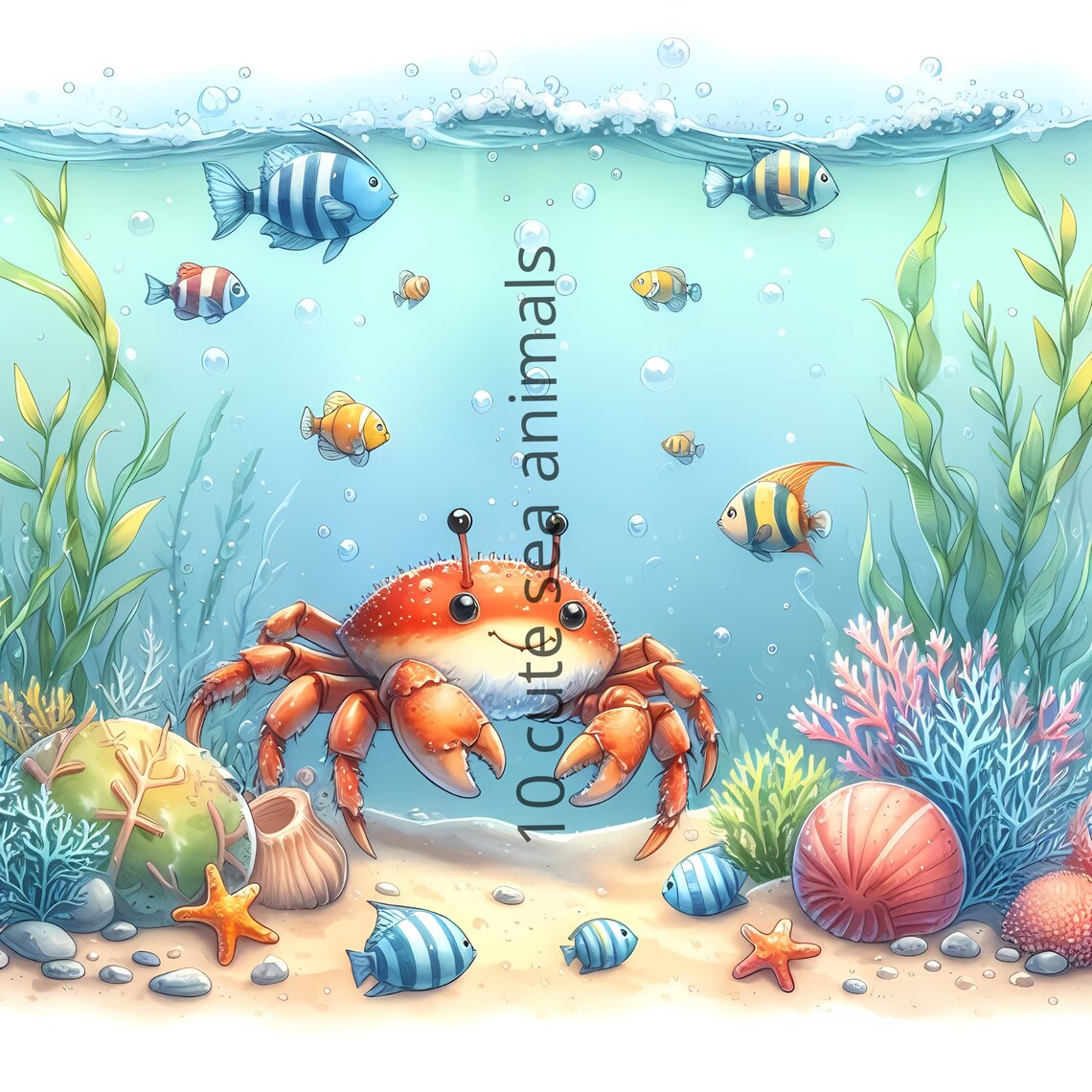 10 Cute Sea Animals Clipart Designs, Watercolor Clipart Bundle, PNG and ...