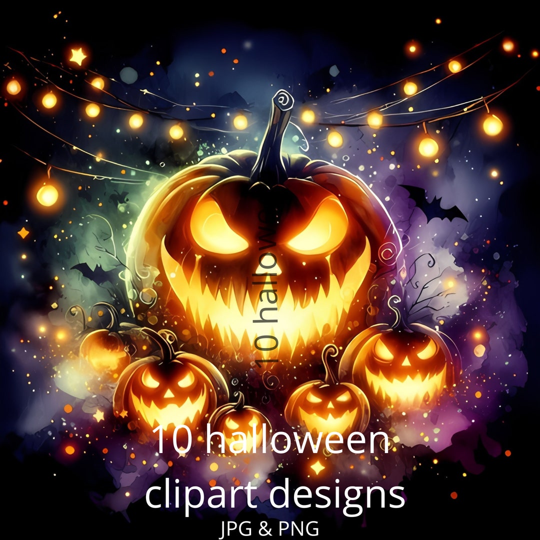10 Halloween Clipart Designs, Clipart Bundle, Watercolor, PNG and JPG ...