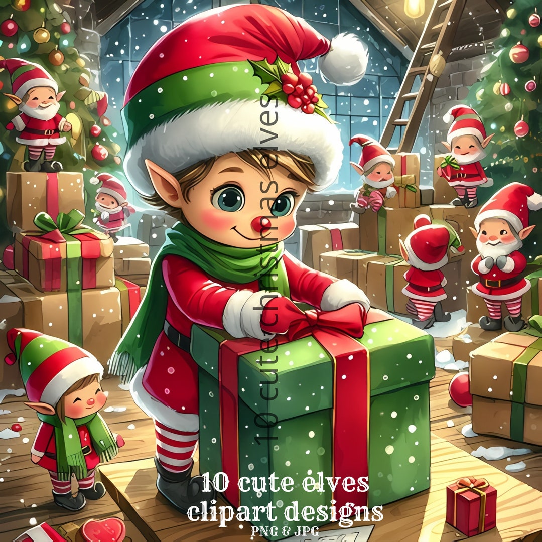 10 Cute Christmas Elves Clipart Designs, Watercolor Clipart Bundle ...