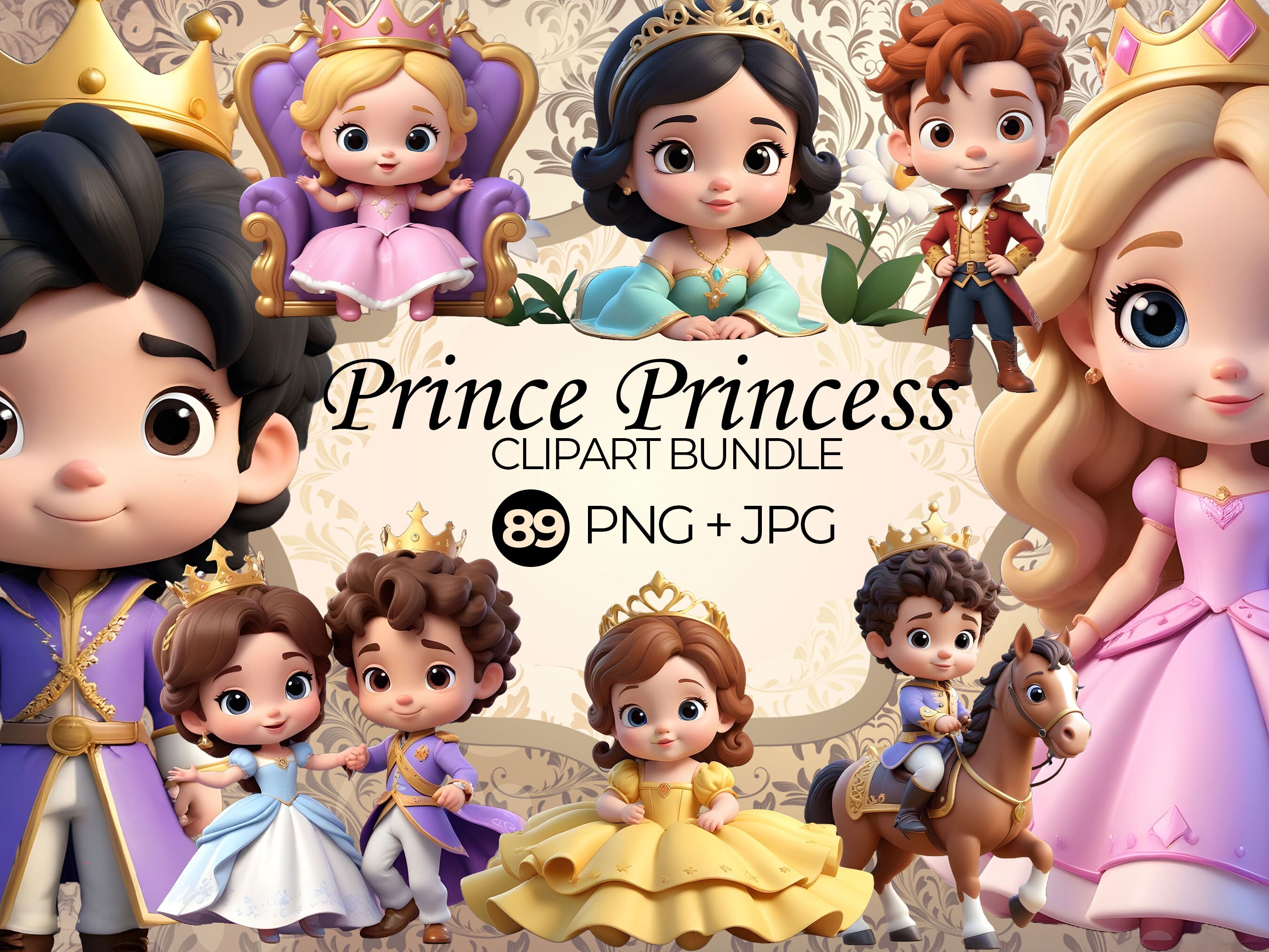 86 Cute Prince and Princess Clipart Bundle, PNG and JPG Graphics. Great ...