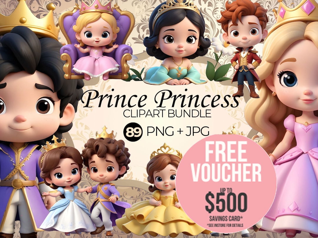 86 Cute Prince and Princess Clipart Bundle, PNG and JPG Graphics. Great ...