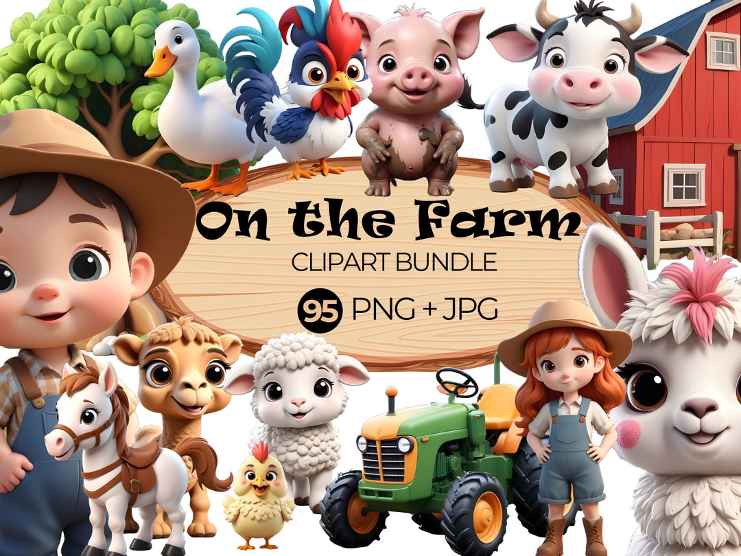 95 on the Farm Clipart Bundle, Farm Animals and Farmers PNG JPG ...