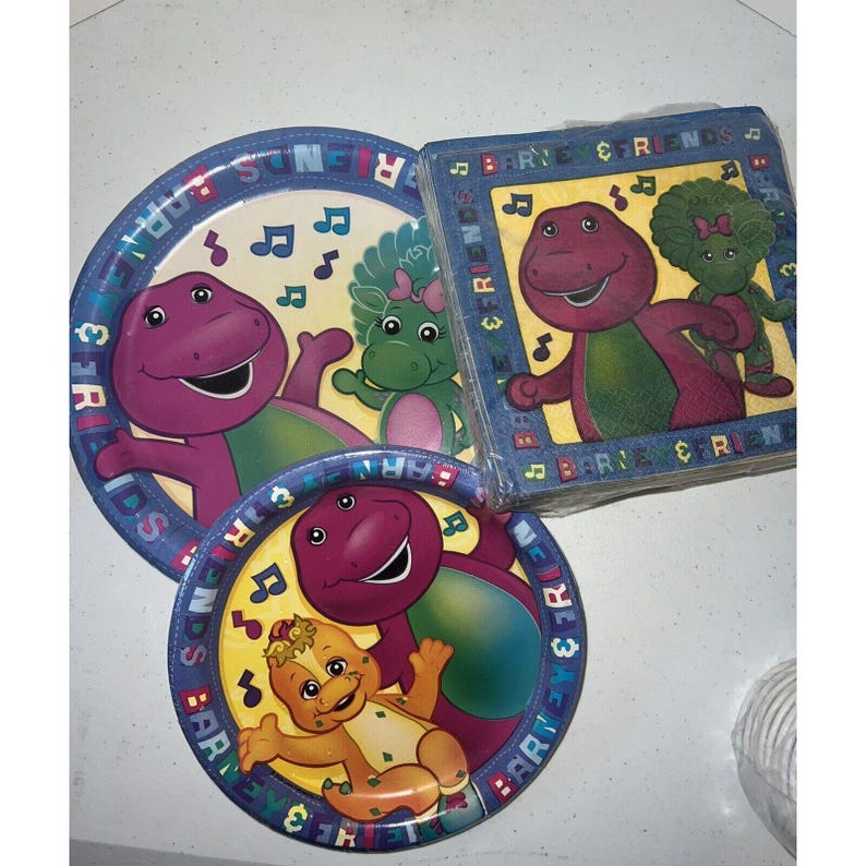 New in Package BARNEY DINNER LUNCH Dessert Plates Cups Napkins Party ...