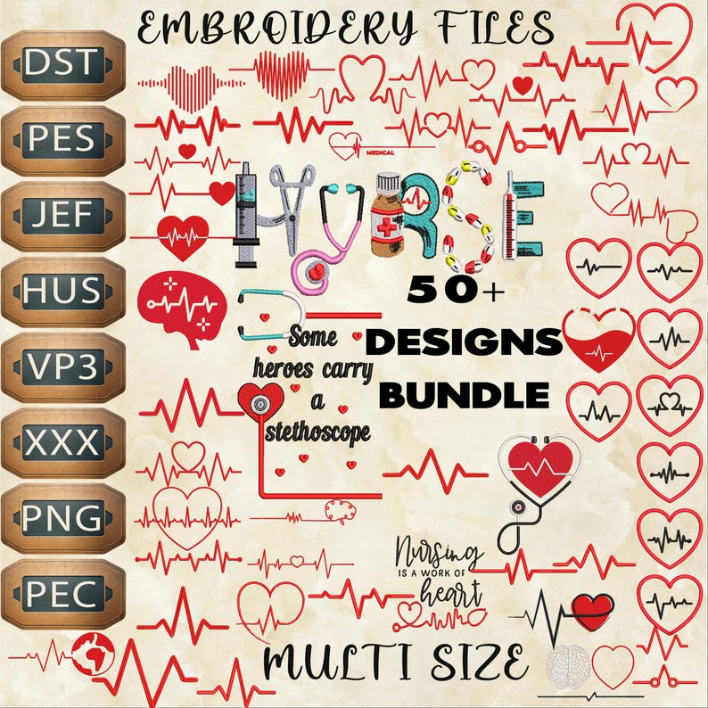 Nursing Designs, Doctor Stethoscope Embroidery Design, Heartbeat Line Embroidery, Cute Heart ...