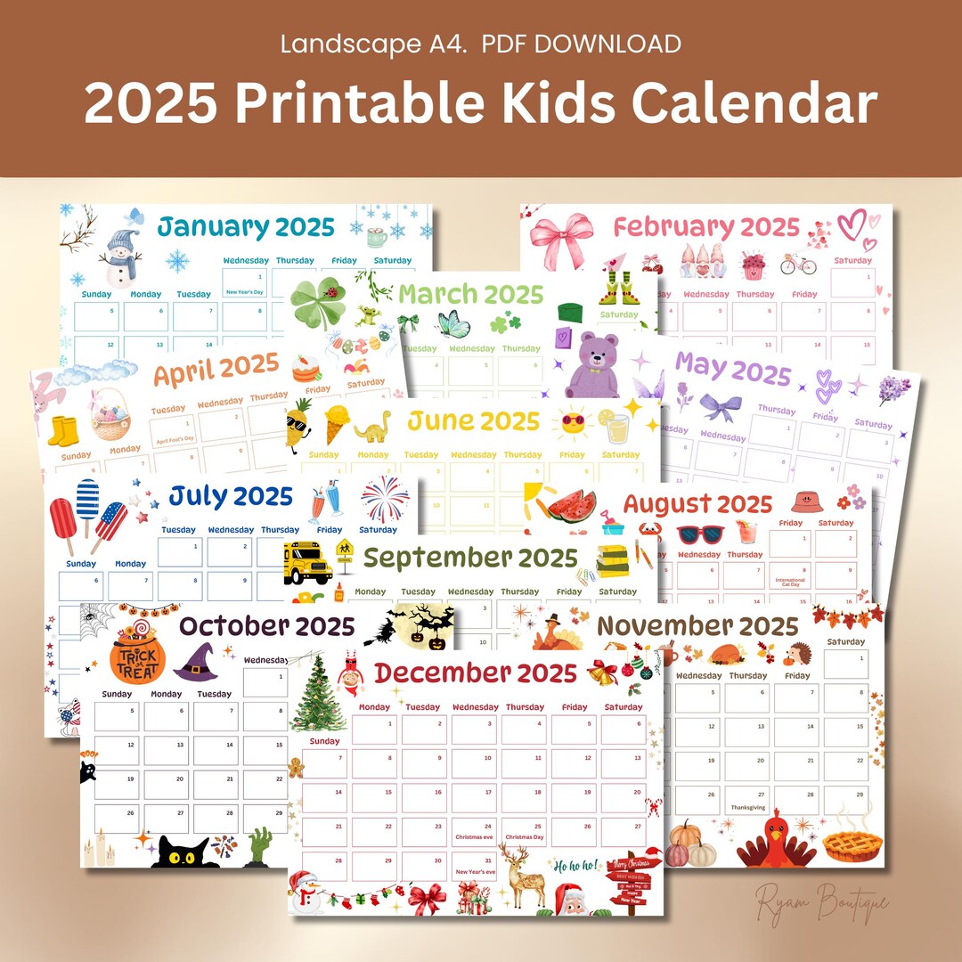 Printable Kids Calendar 2025, Cute Kids Calendar 2025, Wall Calendar ...