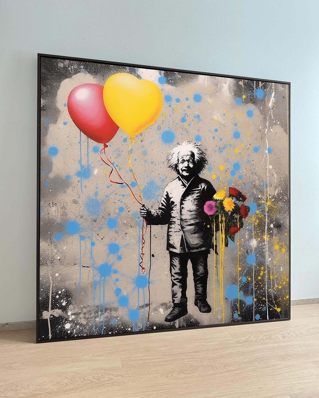 Einstein Graffiti Art Canvas Heart Balloons Flowers, Urban Street Art ...