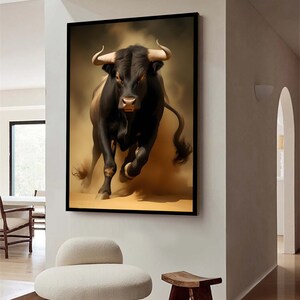 Bull Wall Decor, Charging Bull Canvas, Majestic Bull Print, Animal Wall ...