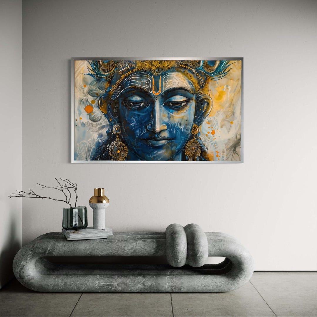 Vibrant Vishnu Canvas, Modern Hindu God Art Print, Blue Gold Painterly ...