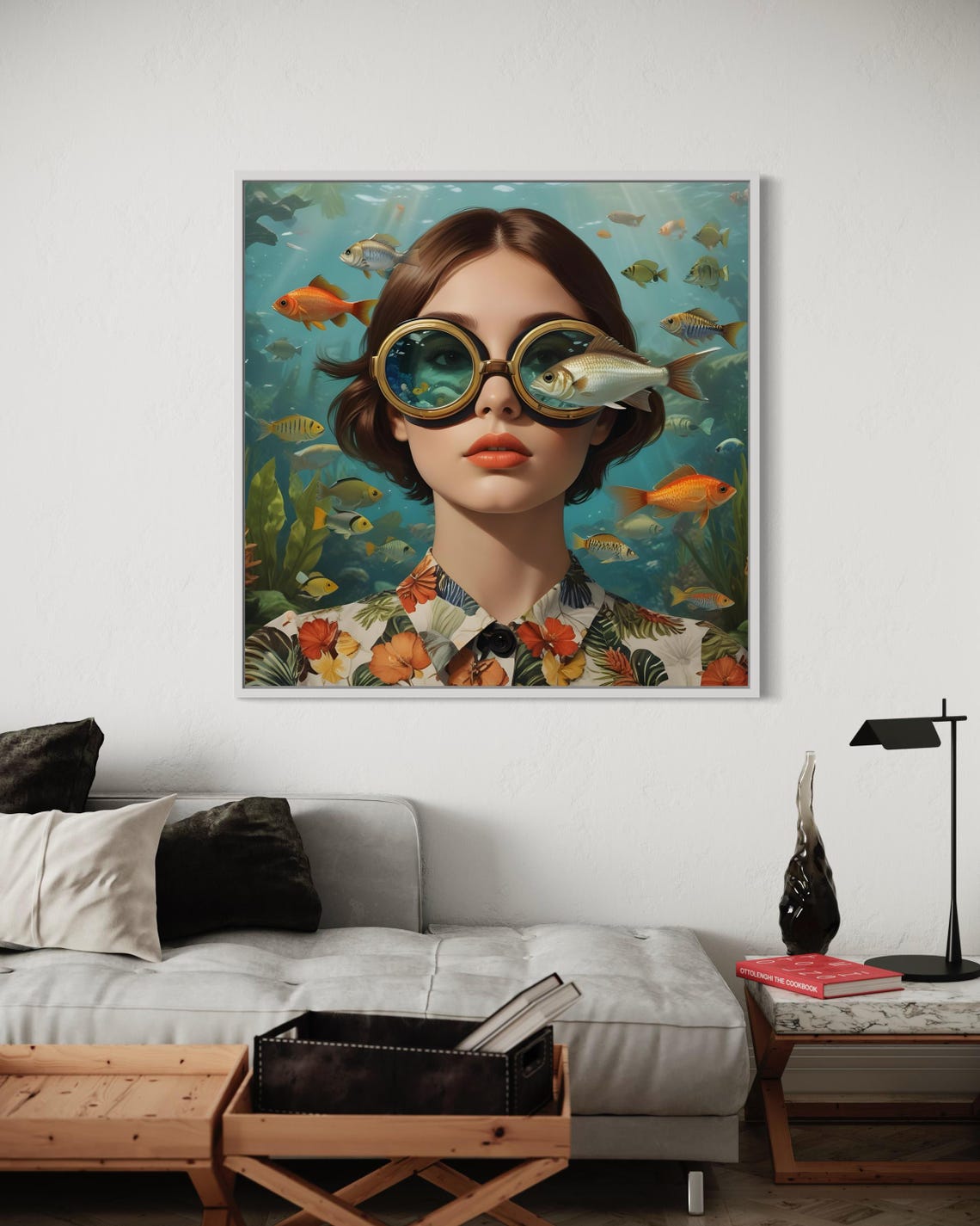 Surreal Woman Art, Surreal Woman With Fish, Oceanic Portrait Canvas ...