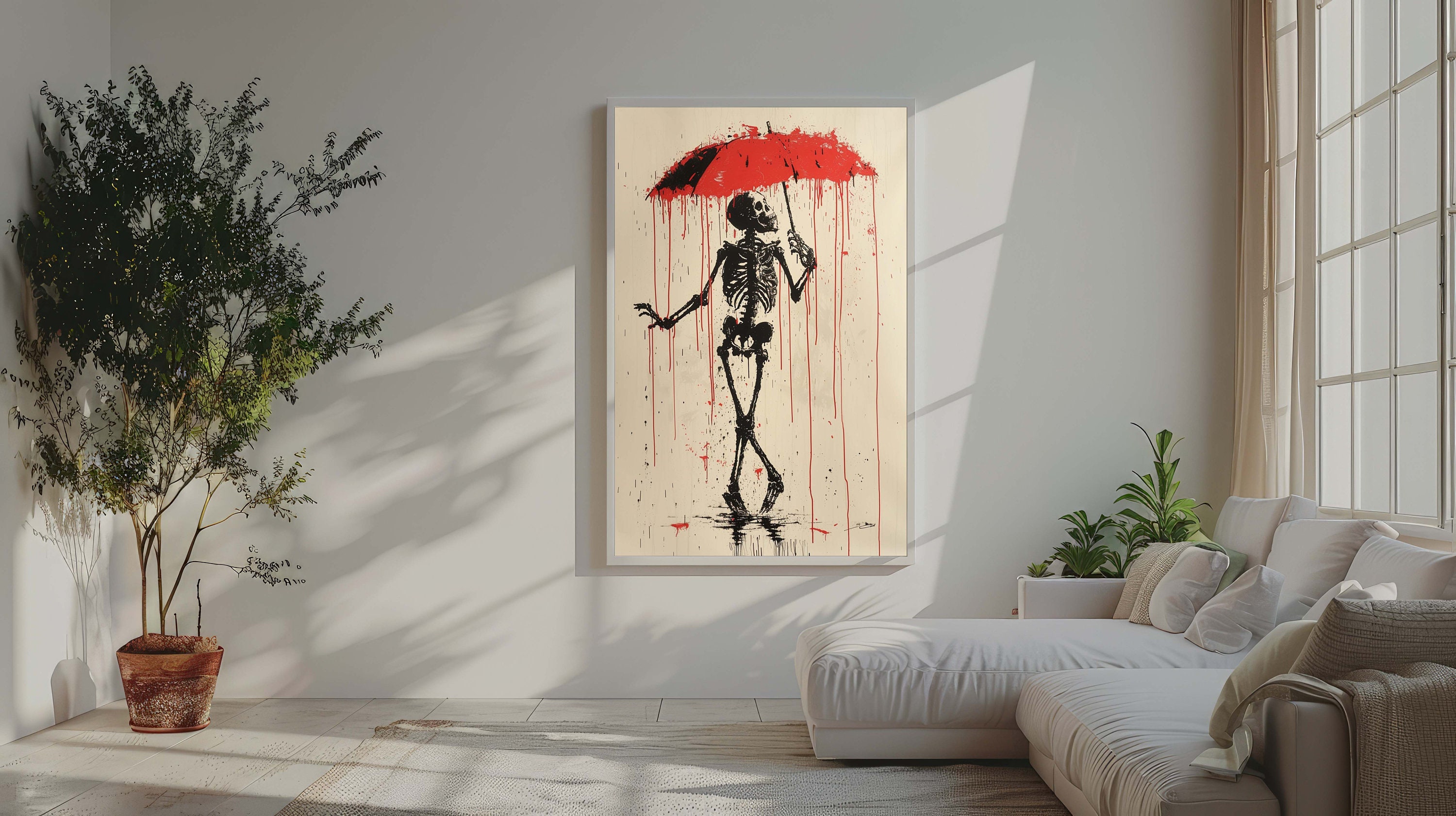 Skeleton With Red Umbrella Canvas, Edgy Skeleton Art, Bold Skeleton ...