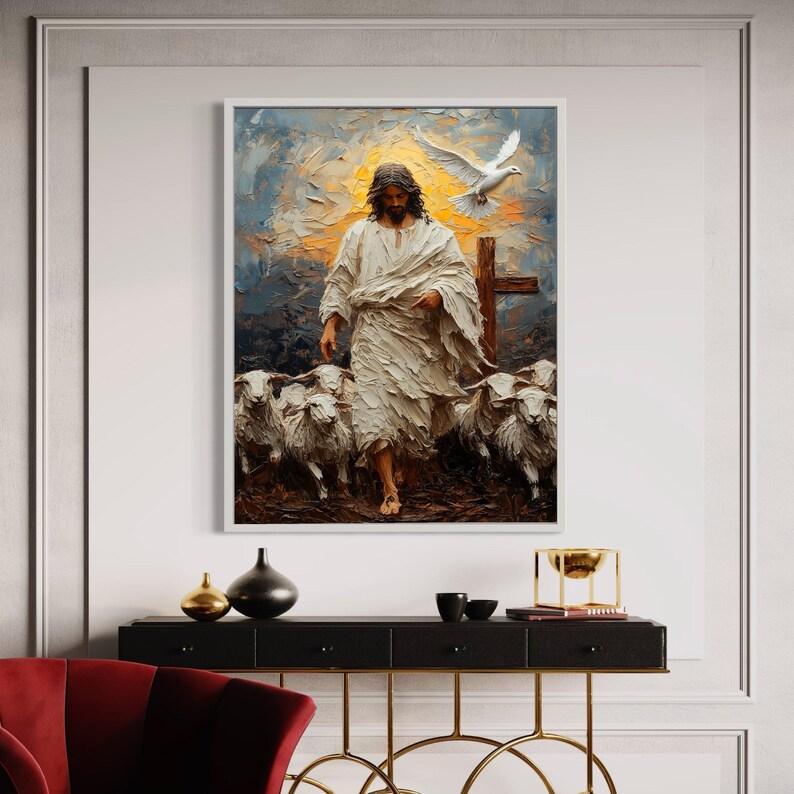 Jesus Shepherd With Sheep and Dove Canvas Wall Art, Religious Christian ...