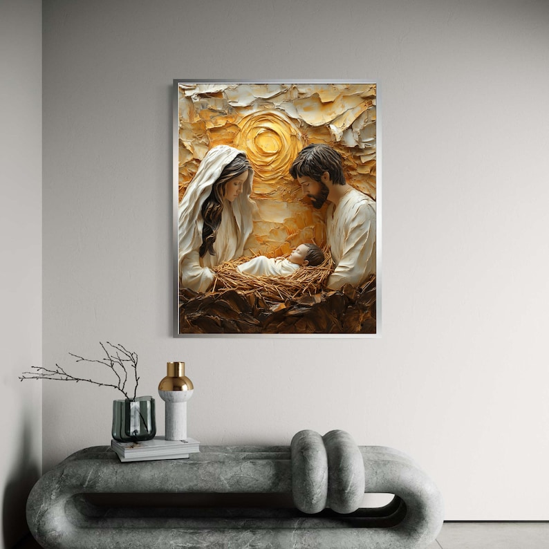 Nativity Scene Canvas Wall Art, Religious Holy Family Painting ...