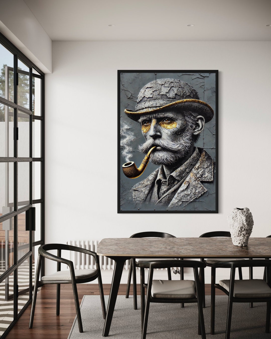 Vintage Pipe Smoker Portrait, Old Man Wall Art, Smoke Canvas, Classic ...
