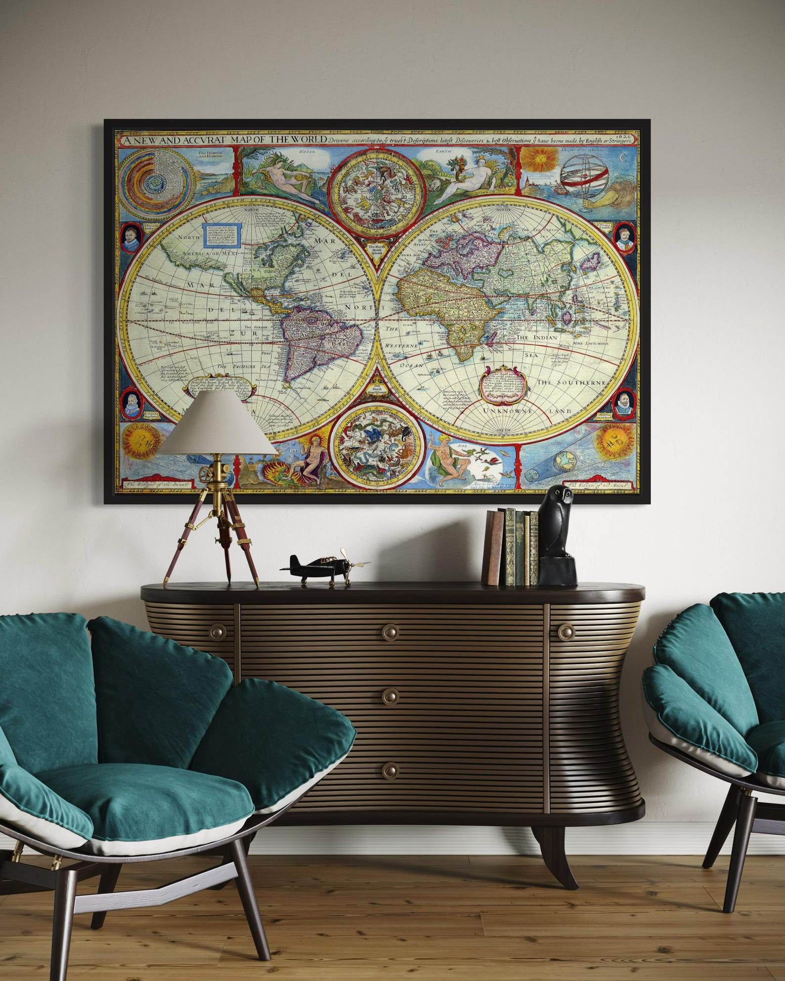 Antique Double Hemisphere World Map, 17th Century Cartography ...