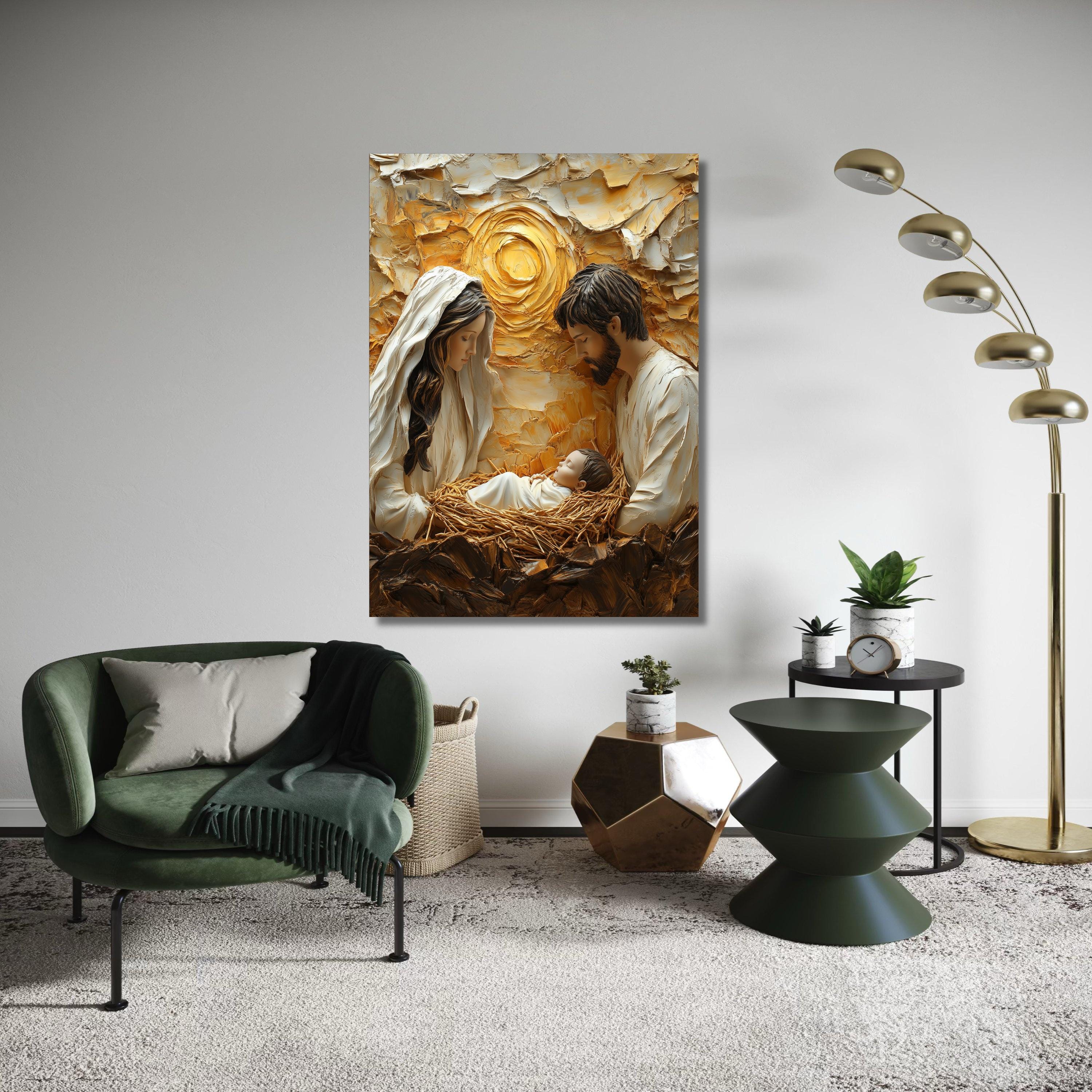 Nativity Scene Canvas Wall Art, Religious Holy Family Painting ...