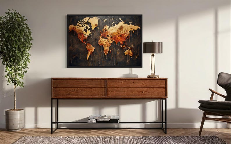 Abstract World Map Art,modern Global Wall Art,textured World Map Canvas ...