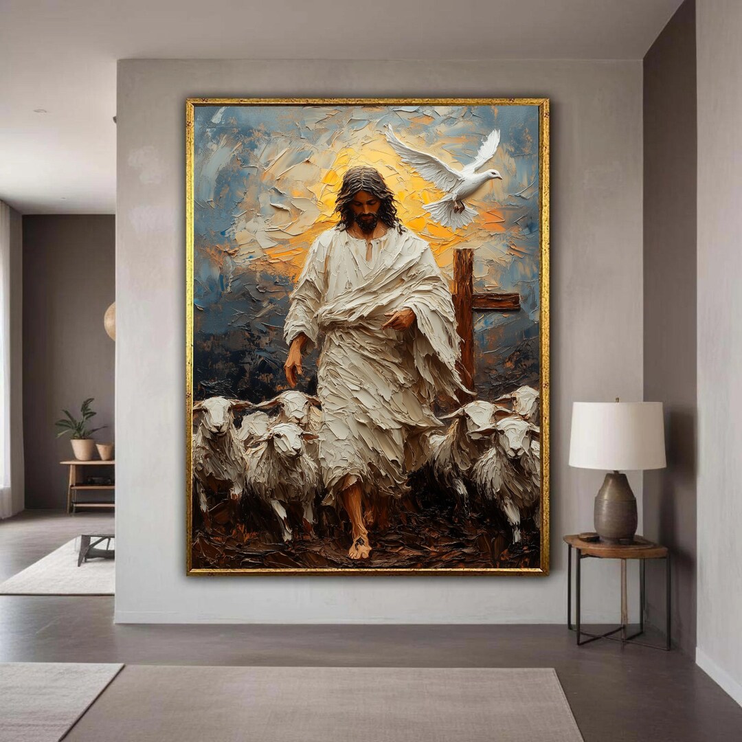 Jesus Shepherd With Sheep and Dove Canvas Wall Art, Religious Christian ...