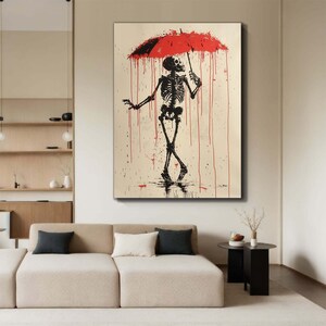 Skeleton With Red Umbrella Canvas, Edgy Skeleton Art, Bold Skeleton ...