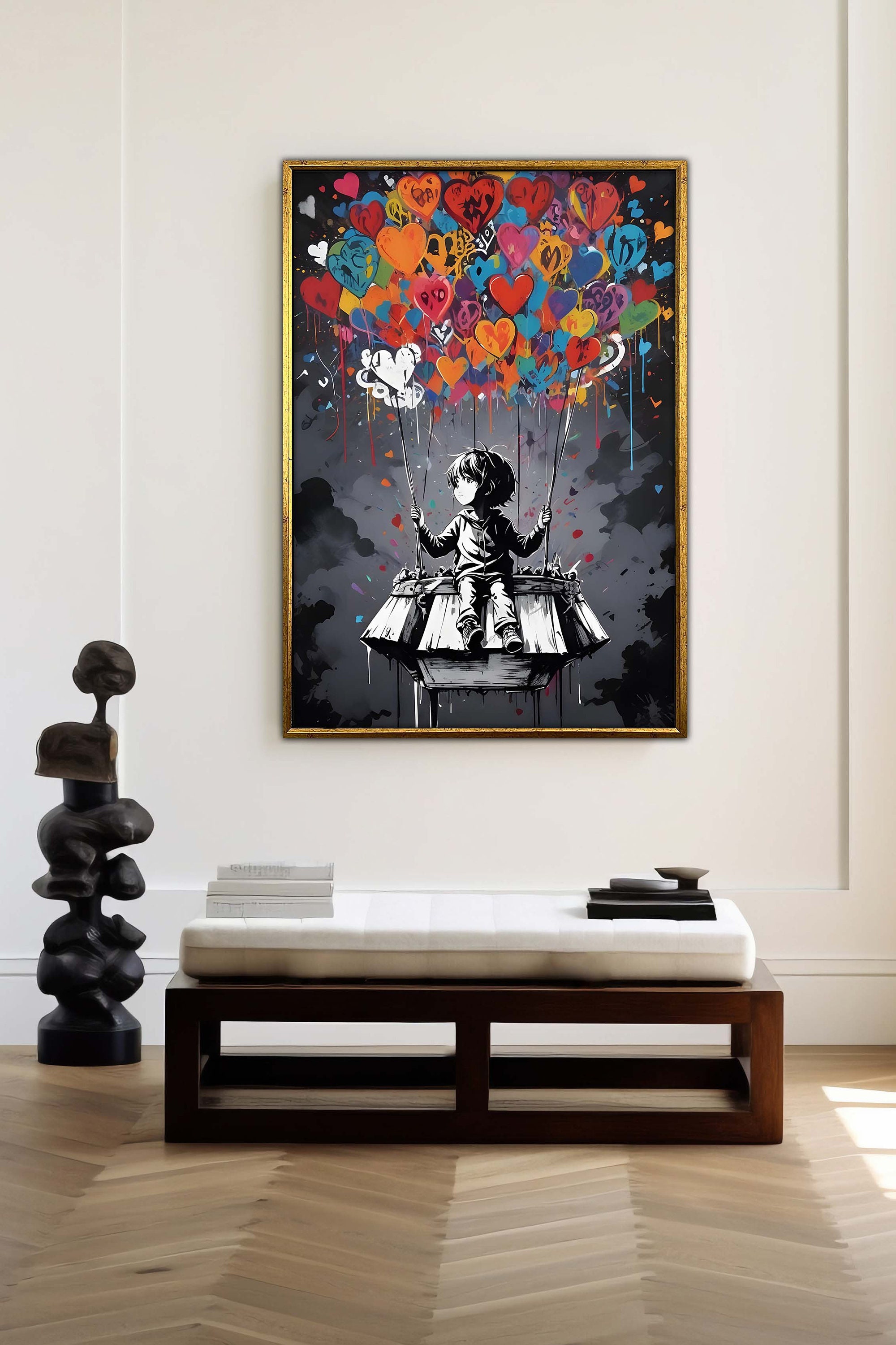 Banksy Balloon Canvas, Balloon Poster, Colorful Heart Balloons Canvas ...