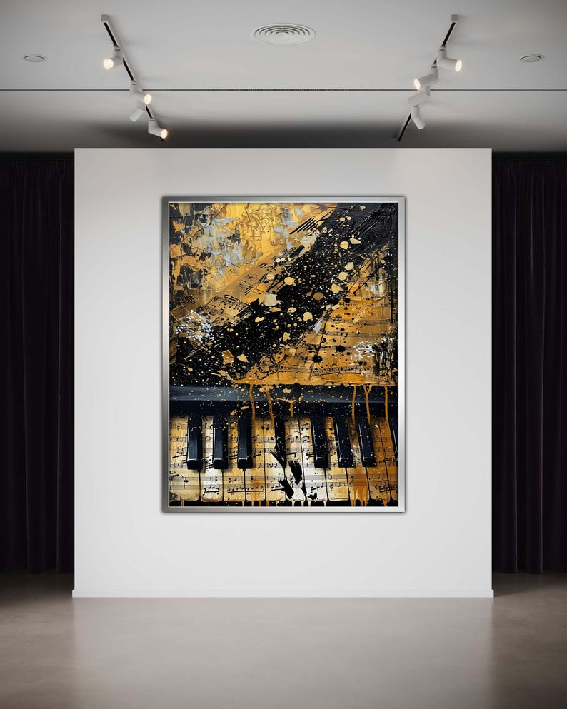 Abstract Piano Art, Musical Notes Canvas, Gold and Black Wall Art ...