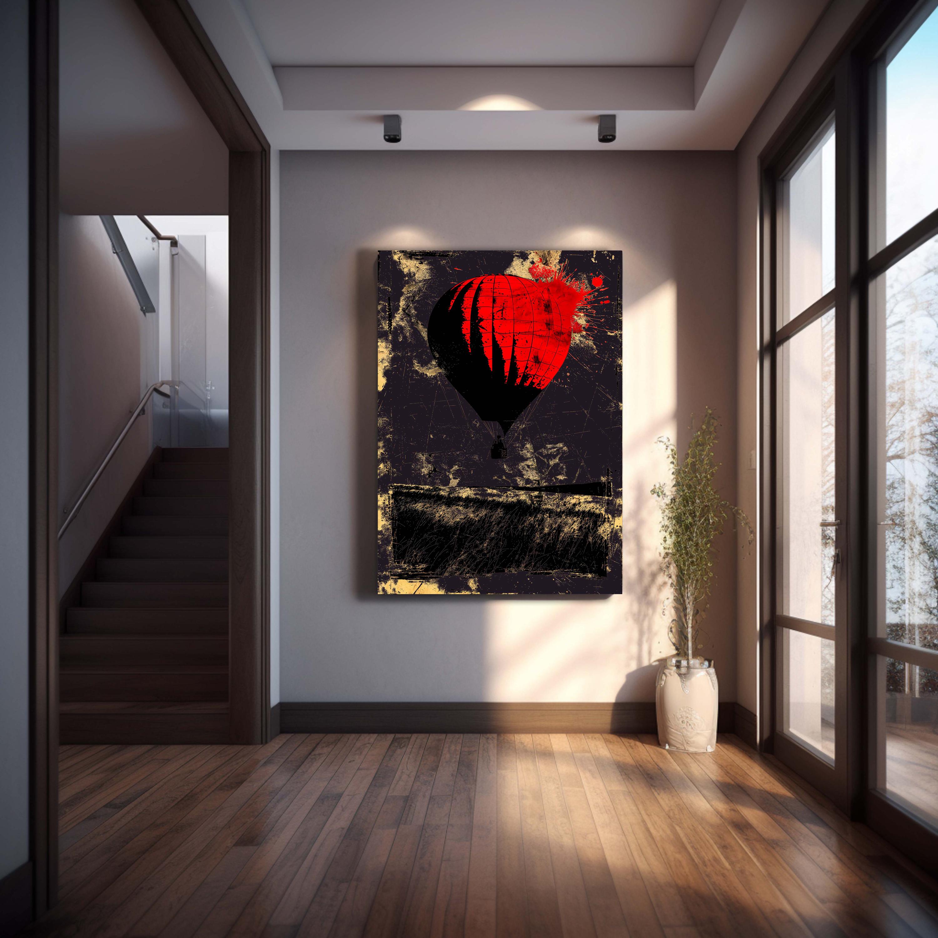 Dark Red Balloon Art, Abstract Hot Air Balloon Canvas, Edgy Urban Wall ...
