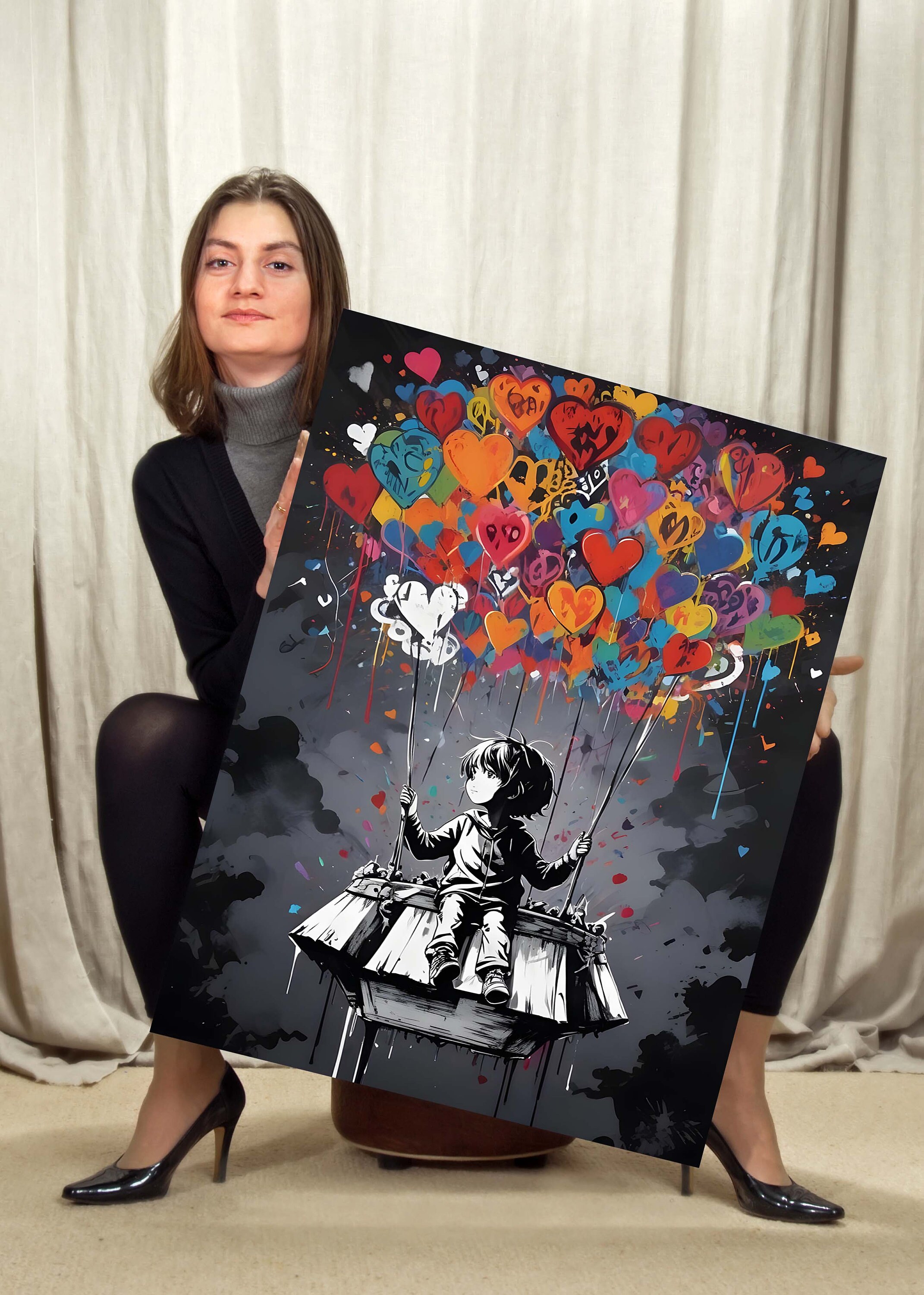 Banksy Balloon Canvas, Balloon Poster, Colorful Heart Balloons Canvas ...