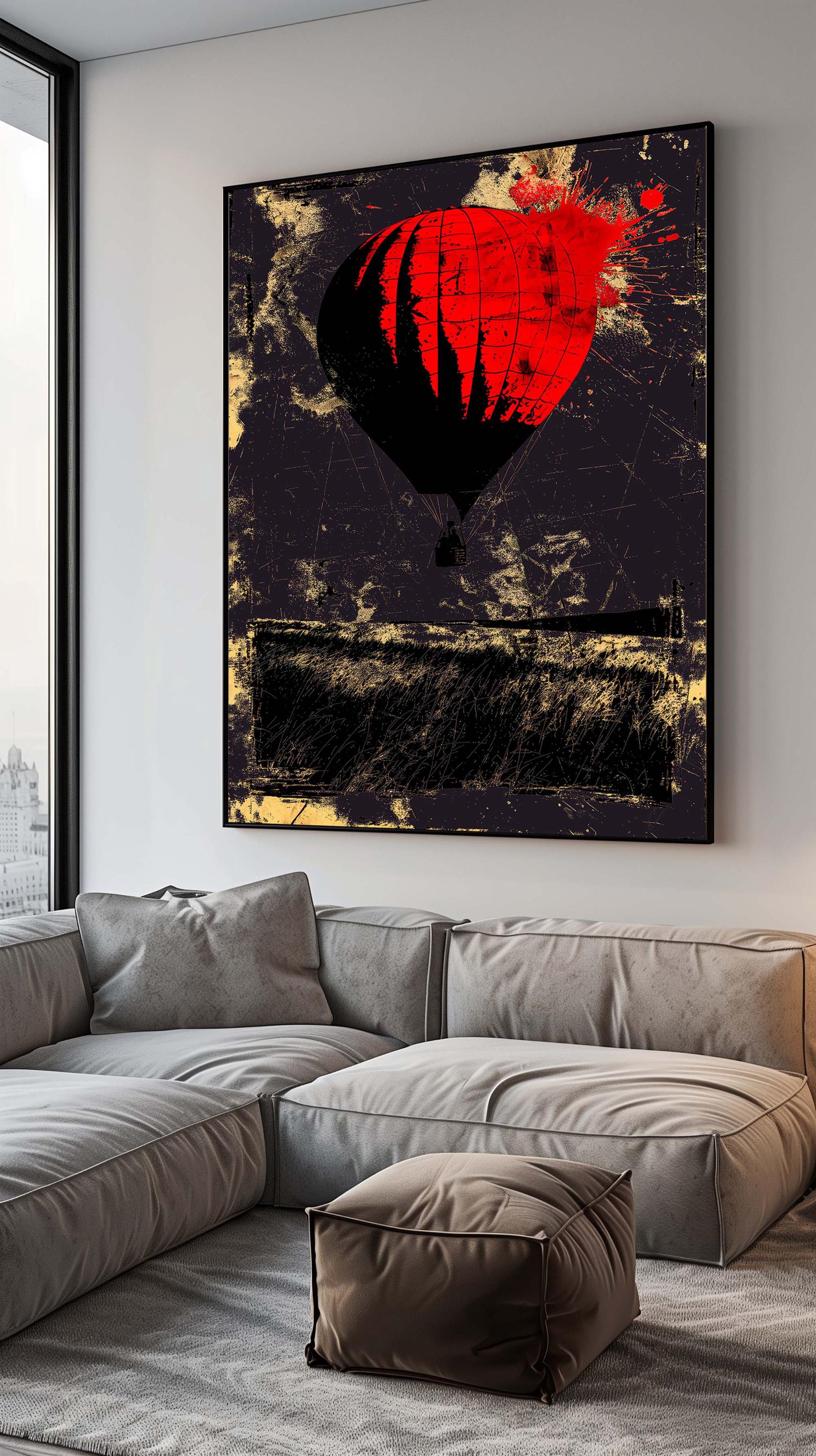 Dark Red Balloon Art, Abstract Hot Air Balloon Canvas, Edgy Urban Wall ...