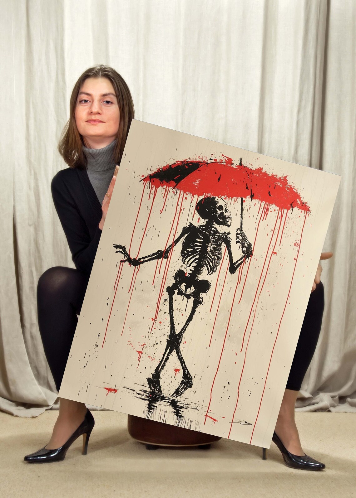 Skeleton With Red Umbrella Canvas, Edgy Skeleton Art, Bold Skeleton ...