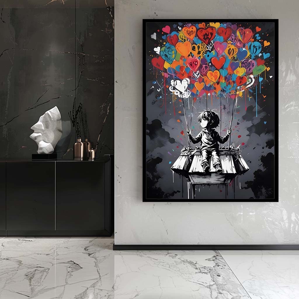 Banksy Balloon Canvas, Balloon Poster, Colorful Heart Balloons Canvas ...